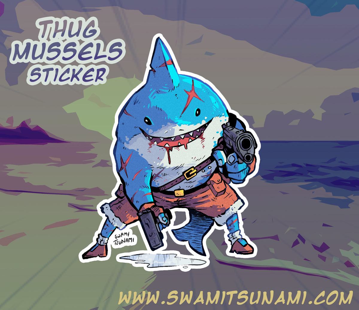 Gun-Wielding Shark, Thug Mussels - Vinyl Sticker – Swamitsunami