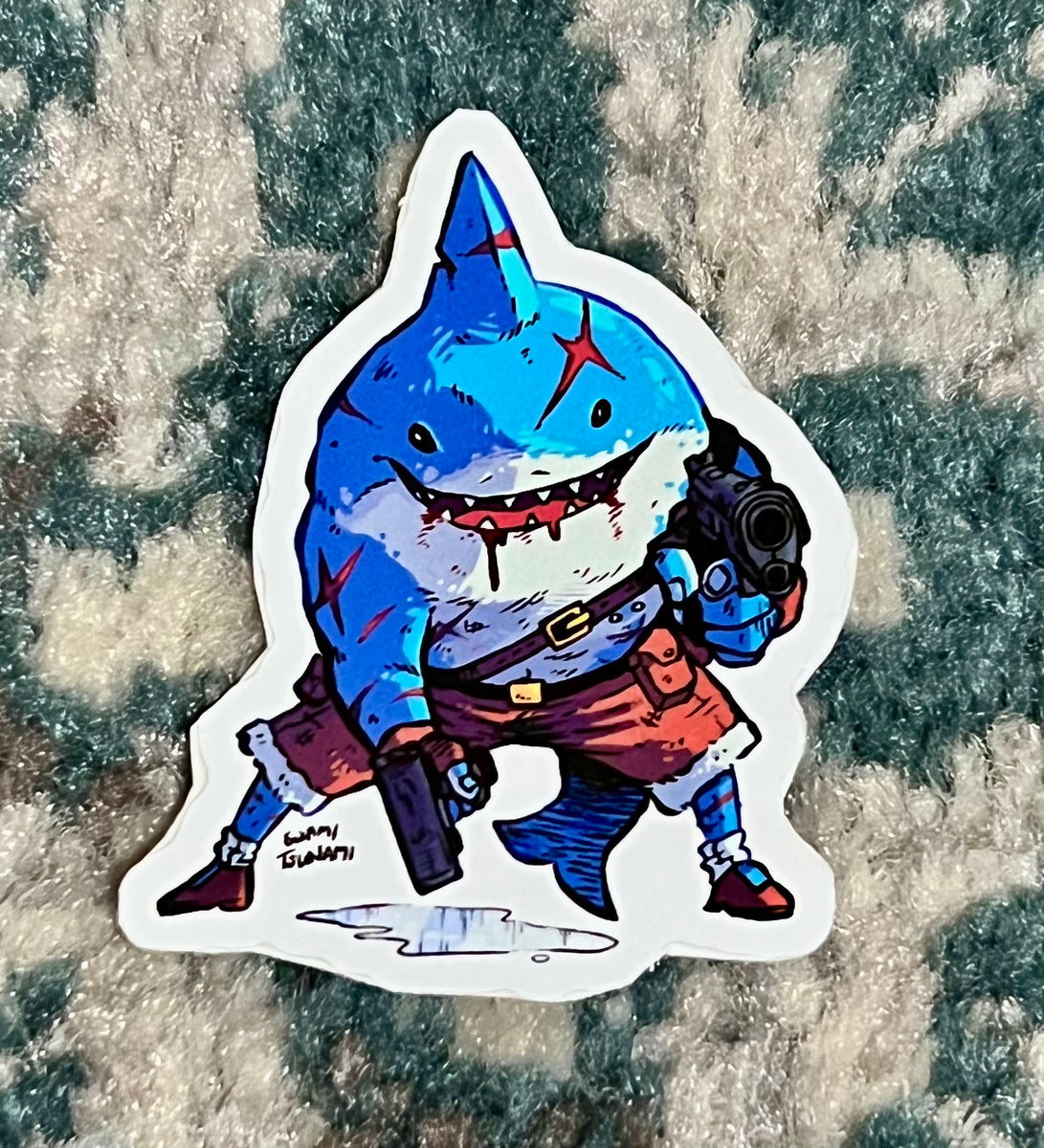 Gun-Wielding Shark, Thug Mussels - Vinyl Sticker – Swamitsunami